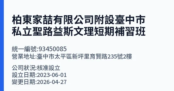 柏東家喆有限公司附設臺中市私立聖路益斯文理短期補習班的照片-統編 93450085(臺中市) 公司登記資料與營業項目詳細圖表