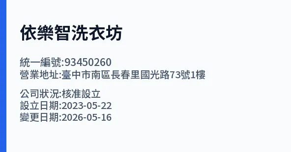 依樂智洗衣坊的照片-統編 93450260(臺中市) 公司登記資料與營業項目詳細圖表