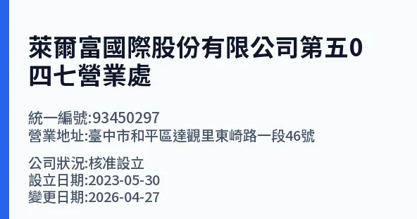 萊爾富國際股份有限公司第五0四七營業處的照片-統編 93450297(臺中市) 公司登記資料與營業項目詳細圖表