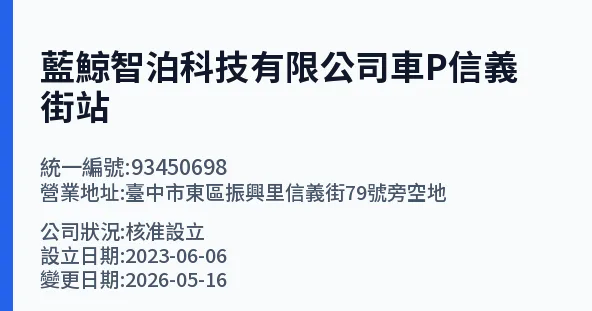 藍鯨智泊科技有限公司車P信義街站的照片-統編 93450698(臺中市) 公司登記資料與營業項目詳細圖表