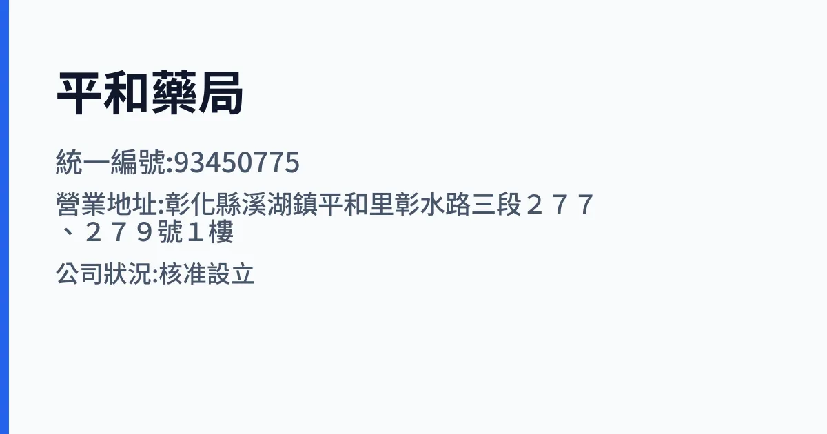 平和藥局 - 統編 93450775(彰化縣) 公司登記資料與營業項目詳細圖表