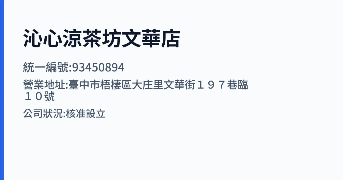 沁心涼茶坊文華店 - 統編 93450894(臺中市) 公司登記資料與營業項目詳細圖表