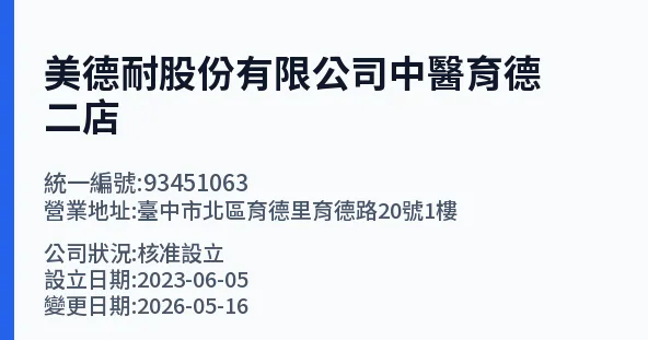 美德耐股份有限公司中醫育德二店的照片-統編 93451063(臺中市) 公司登記資料與營業項目詳細圖表
