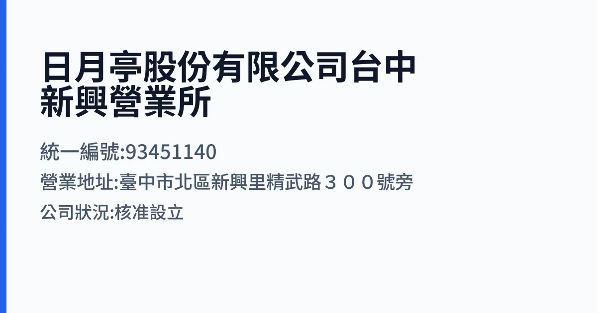 日月亭股份有限公司台中新興營業所 - 統編 93451140(臺中市) 公司登記資料與營業項目詳細圖表
