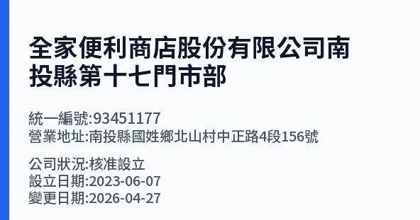 全家便利商店股份有限公司南投縣第十七門市部的照片-統編 93451177(南投縣) 公司登記資料與營業項目詳細圖表