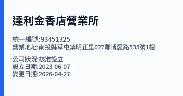 達利金香店營業所的照片-統編 93451325(南投縣) 公司登記資料與營業項目詳細圖表