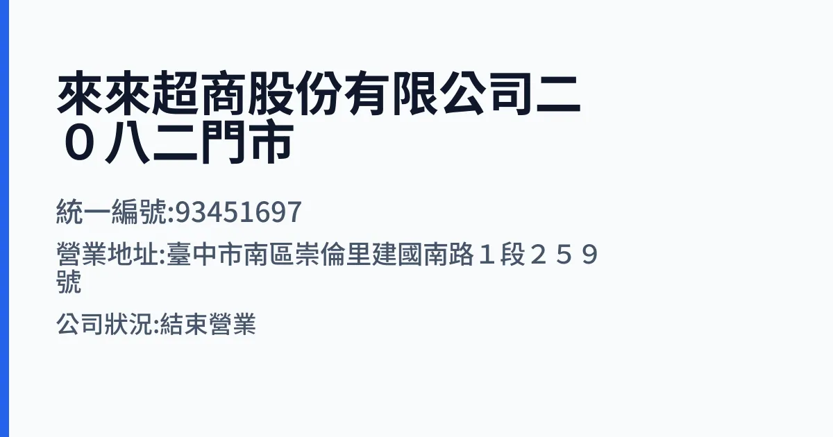來來超商股份有限公司二0八二門市 - 統編 93451697(臺中市) 公司登記資料與營業項目詳細圖表