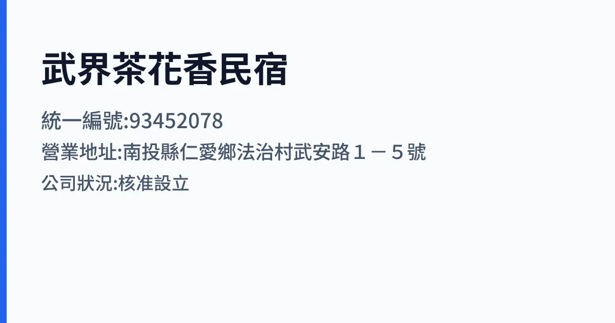 武界茶花香民宿 - 統編 93452078(南投縣) 公司登記資料與營業項目詳細圖表