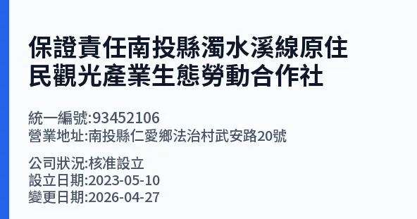 保證責任南投縣濁水溪線原住民觀光產業生態勞動合作社的照片-統編 93452106(南投縣) 公司登記資料與營業項目詳細圖表