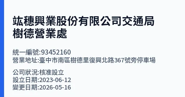 竑穗興業股份有限公司交通局樹德營業處的照片-統編 93452160(臺中市) 公司登記資料與營業項目詳細圖表