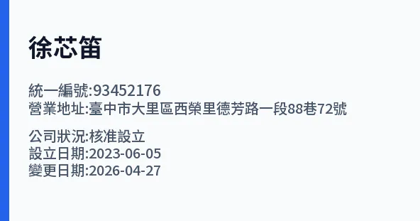 徐芯笛的照片-統編 93452176(臺中市) 公司登記資料與營業項目詳細圖表