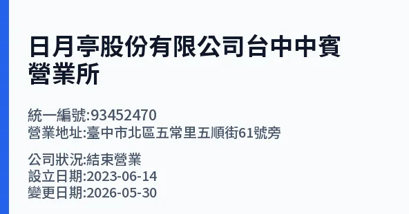 日月亭股份有限公司台中中賓營業所的照片-統編 93452470(臺中市) 公司登記資料與營業項目詳細圖表