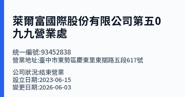 萊爾富國際股份有限公司第五0九九營業處的照片-統編 93452838(臺中市) 公司登記資料與營業項目詳細圖表