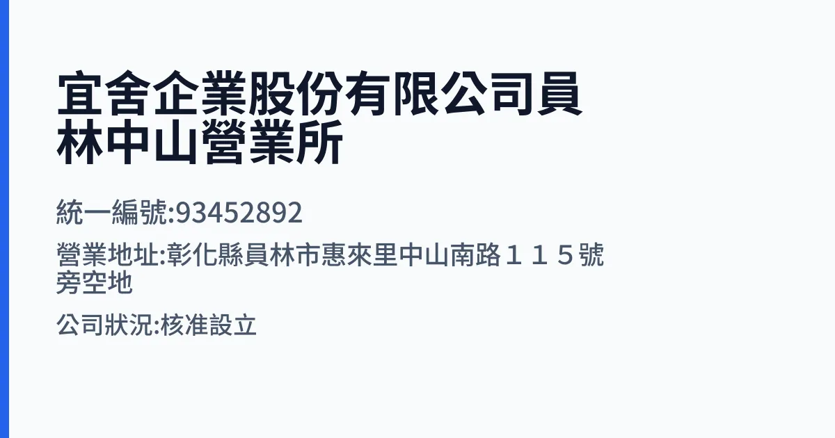 宜舍企業股份有限公司員林中山營業所 - 統編 93452892(彰化縣) 公司登記資料與營業項目詳細圖表