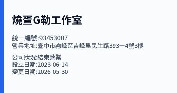 燒疍G勒工作室的照片-統編 93453007(臺中市) 公司登記資料與營業項目詳細圖表