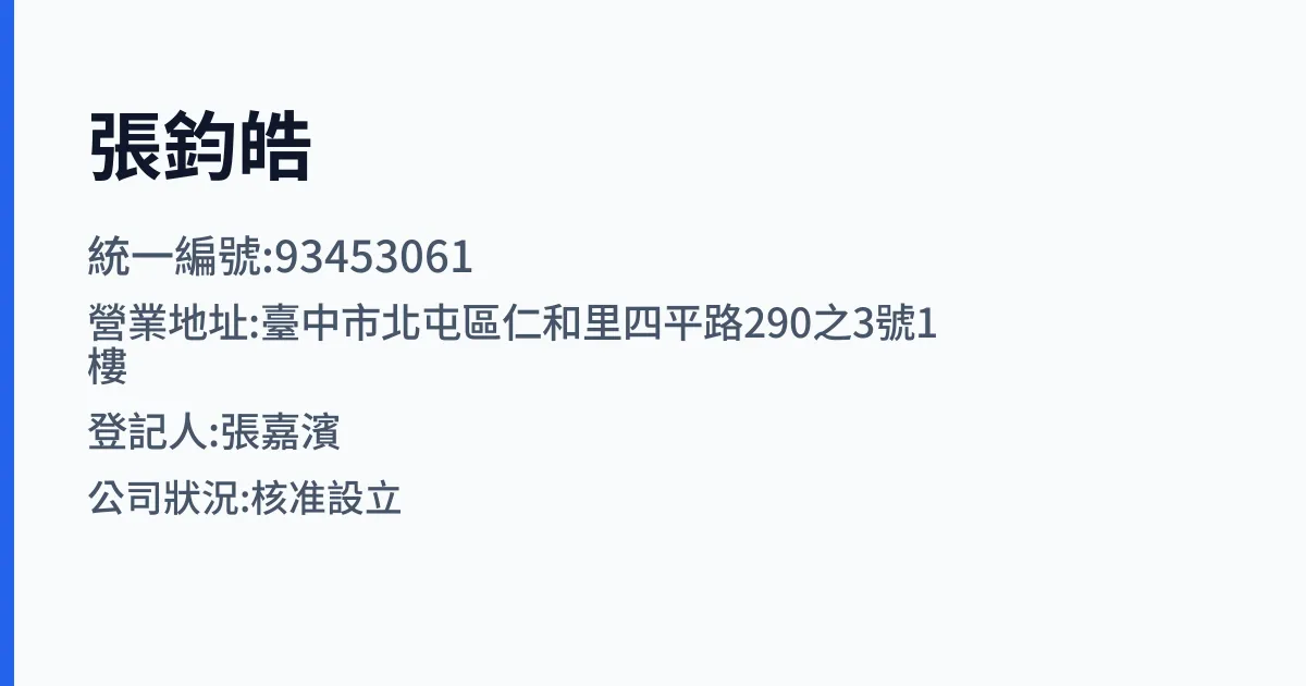 張鈞皓 - 統編 93453061(臺中市) 公司登記資料與營業項目詳細圖表