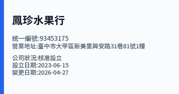 鳳珍水果行的照片-統編 93453175(臺中市) 公司登記資料與營業項目詳細圖表