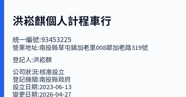 洪崧麒個人計程車行的照片-統編 93453225(南投縣) 公司登記資料與營業項目詳細圖表