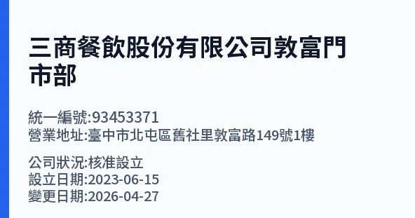 三商餐飲股份有限公司敦富門市部的照片-統編 93453371(臺中市) 公司登記資料與營業項目詳細圖表