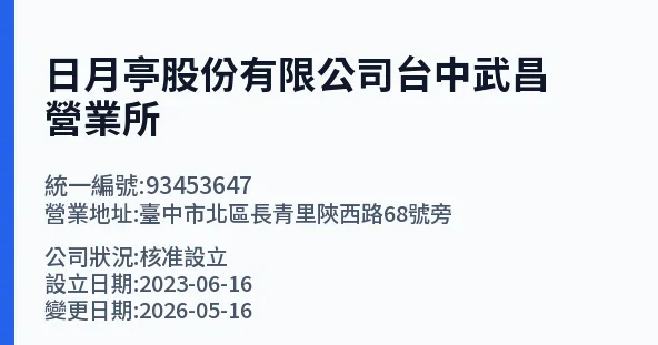 日月亭股份有限公司台中武昌營業所的照片-統編 93453647(臺中市) 公司登記資料與營業項目詳細圖表