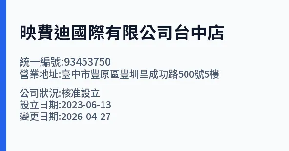 映費迪國際有限公司台中店的照片-統編 93453750(臺中市) 公司登記資料與營業項目詳細圖表