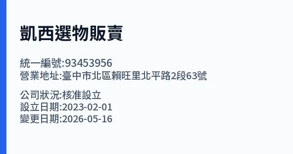 凱西選物販賣的照片-統編 93453956(臺中市) 公司登記資料與營業項目詳細圖表