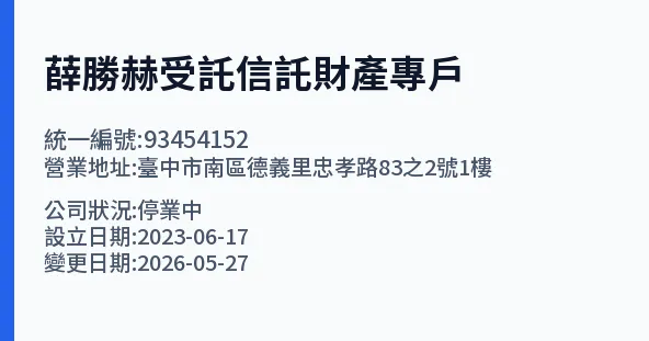 薛勝赫受託信託財產專戶的照片-統編 93454152(臺中市) 公司登記資料與營業項目詳細圖表