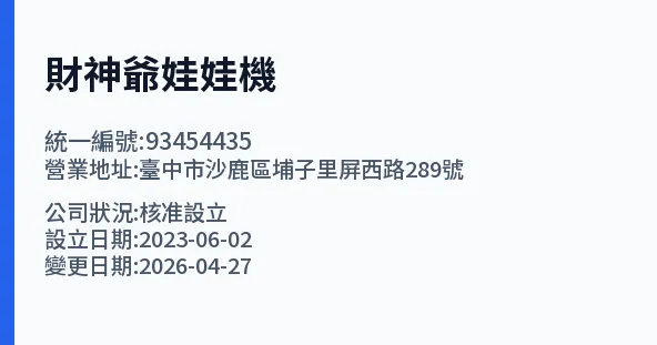 財神爺娃娃機的照片-統編 93454435(臺中市) 公司登記資料與營業項目詳細圖表