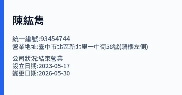陳紘雋的照片-統編 93454744(臺中市) 公司登記資料與營業項目詳細圖表