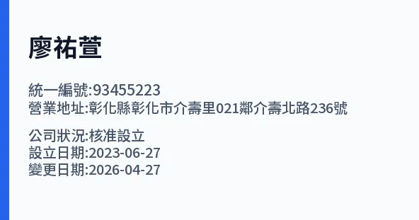 廖祐萱的照片-統編 93455223(彰化縣) 公司登記資料與營業項目詳細圖表