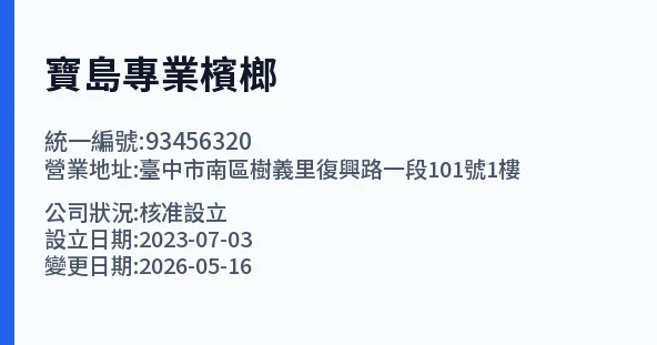 寶島專業檳榔的照片-統編 93456320(臺中市) 公司登記資料與營業項目詳細圖表