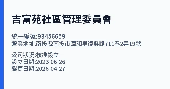 吉富苑社區管理委員會的照片-統編 93456659(南投縣) 公司登記資料與營業項目詳細圖表