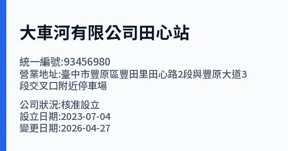大車河有限公司田心站的照片-統編 93456980(臺中市) 公司登記資料與營業項目詳細圖表