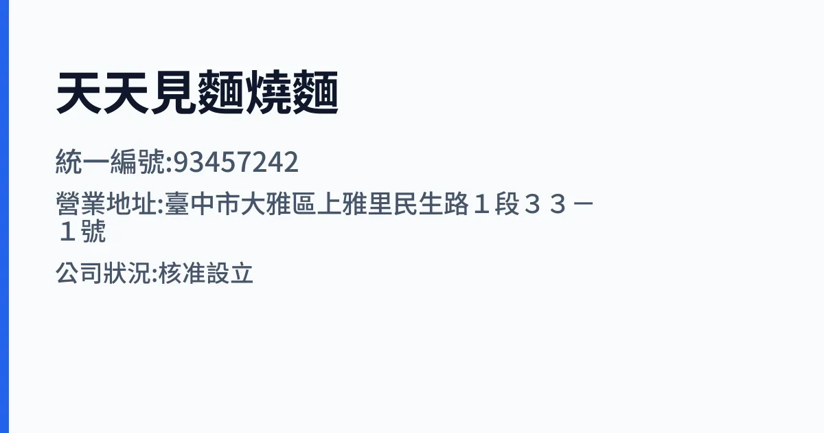 天天見麵燒麵 - 統編 93457242(臺中市) 公司登記資料與營業項目詳細圖表