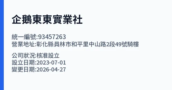 企鵝東東實業社的照片-統編 93457263(彰化縣) 公司登記資料與營業項目詳細圖表