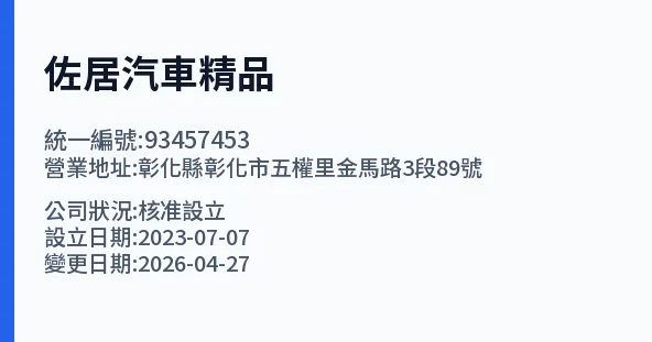 佐居汽車精品的照片-統編 93457453(彰化縣) 公司登記資料與營業項目詳細圖表