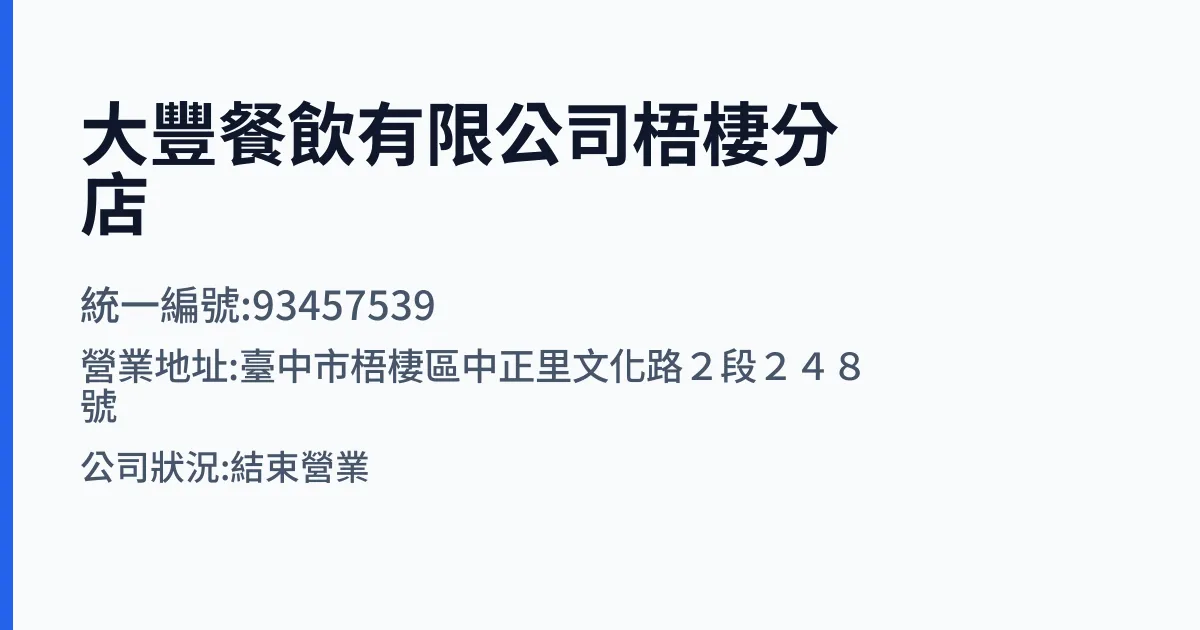 大豐餐飲有限公司梧棲分店 - 統編 93457539(臺中市) 公司登記資料與營業項目詳細圖表