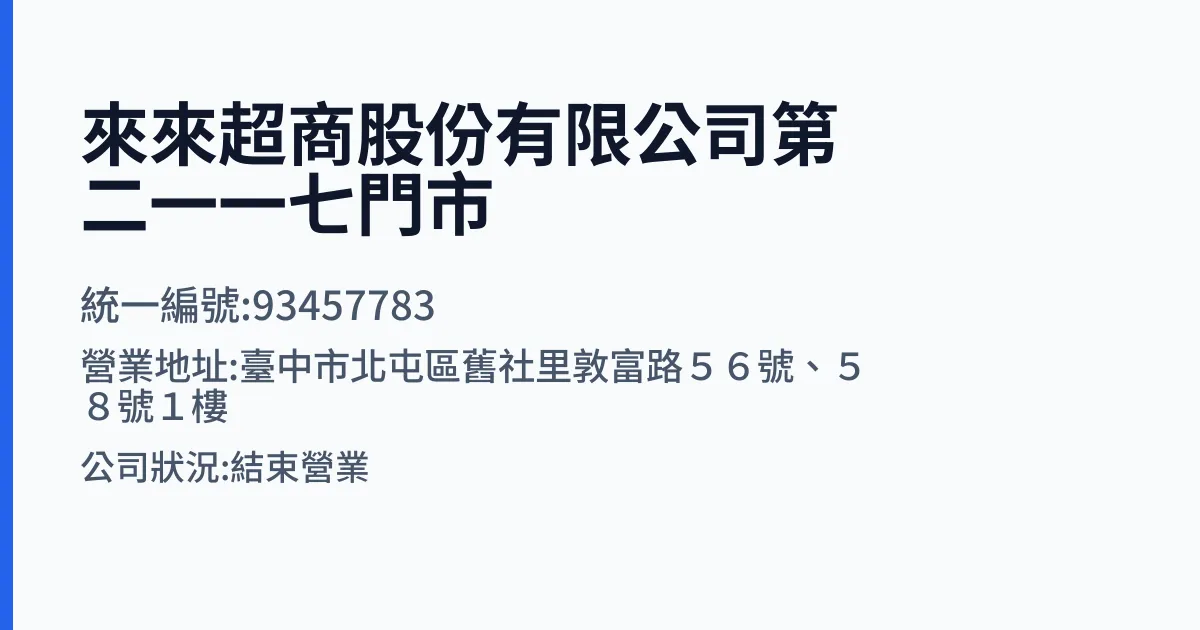 來來超商股份有限公司第二一一七門市 - 統編 93457783(臺中市) 公司登記資料與營業項目詳細圖表