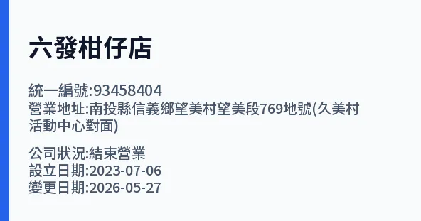 六發柑仔店的照片-統編 93458404(南投縣) 公司登記資料與營業項目詳細圖表