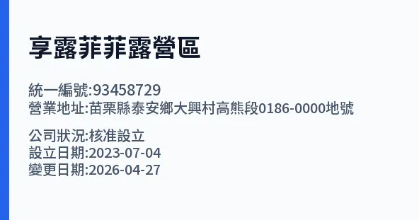 享露菲菲露營區的照片-統編 93458729(苗栗縣) 公司登記資料與營業項目詳細圖表