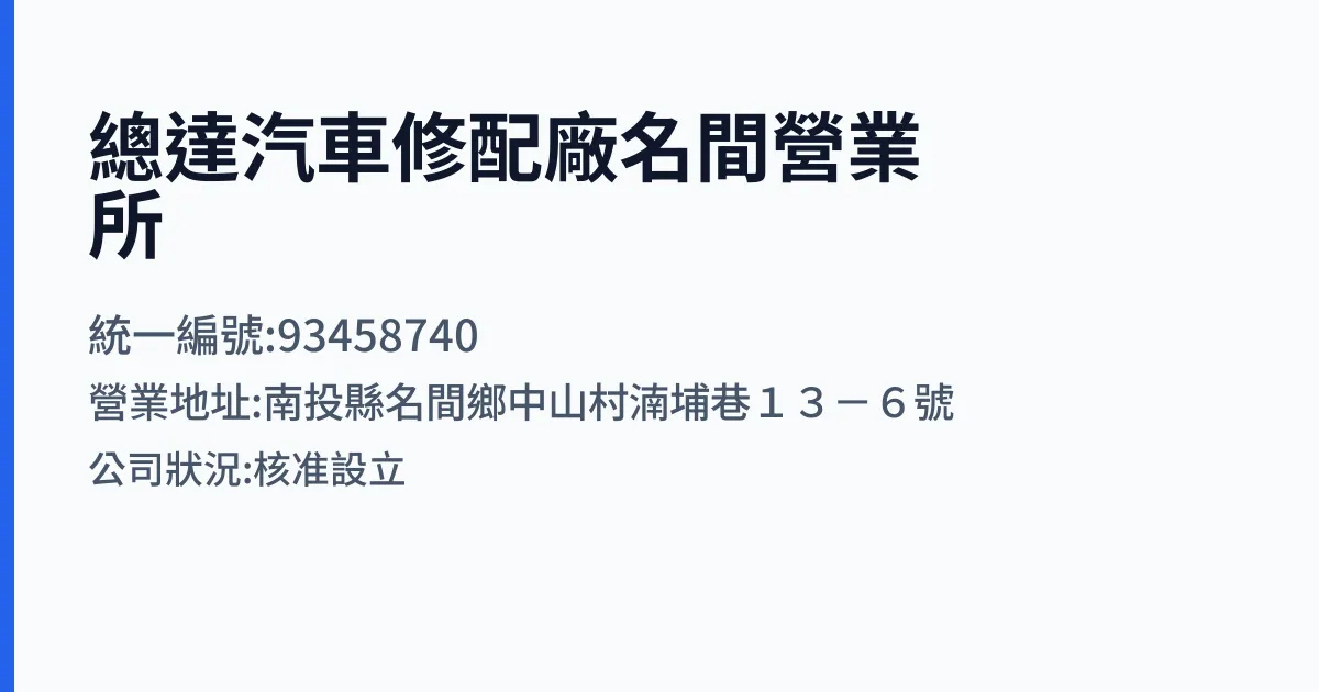 總達汽車修配廠名間營業所 - 統編 93458740(南投縣) 公司登記資料與營業項目詳細圖表