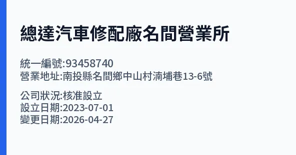 總達汽車修配廠名間營業所的照片-統編 93458740(南投縣) 公司登記資料與營業項目詳細圖表