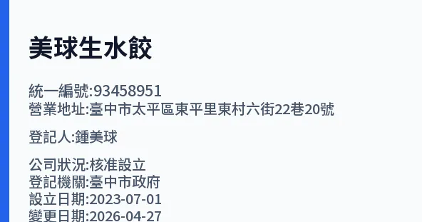 美球生水餃的照片-統編 93458951(臺中市) 公司登記資料與營業項目詳細圖表