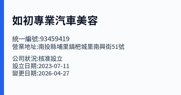 如初專業汽車美容的照片-統編 93459419(南投縣) 公司登記資料與營業項目詳細圖表