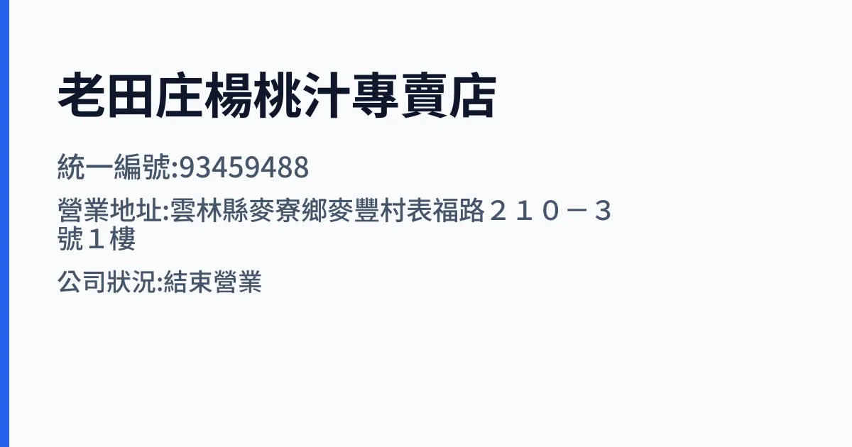老田庄楊桃汁專賣店 - 統編 93459488(雲林縣) 公司登記資料與營業項目詳細圖表