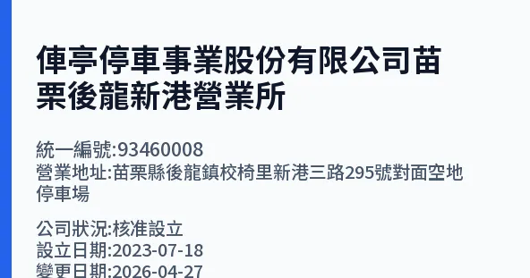 俥亭停車事業股份有限公司苗栗後龍新港營業所的照片-統編 93460008(苗栗縣) 公司登記資料與營業項目詳細圖表