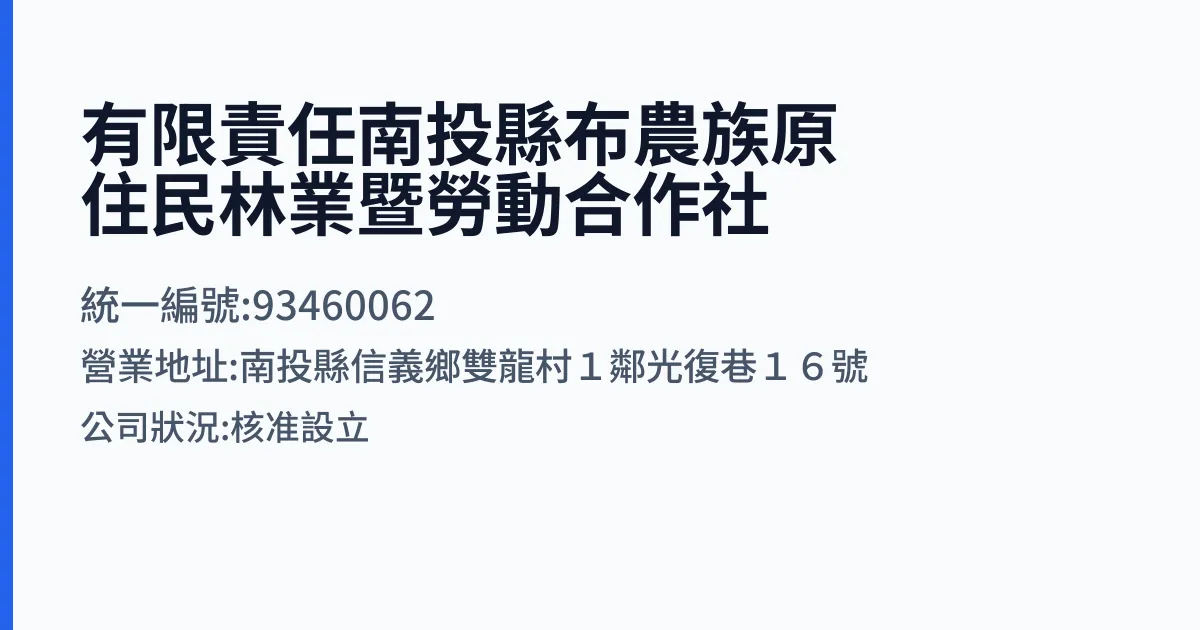 有限責任南投縣布農族原住民林業暨勞動合作社 - 統編 93460062(南投縣) 公司登記資料與營業項目詳細圖表