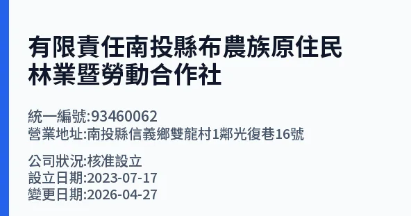 有限責任南投縣布農族原住民林業暨勞動合作社的照片-統編 93460062(南投縣) 公司登記資料與營業項目詳細圖表