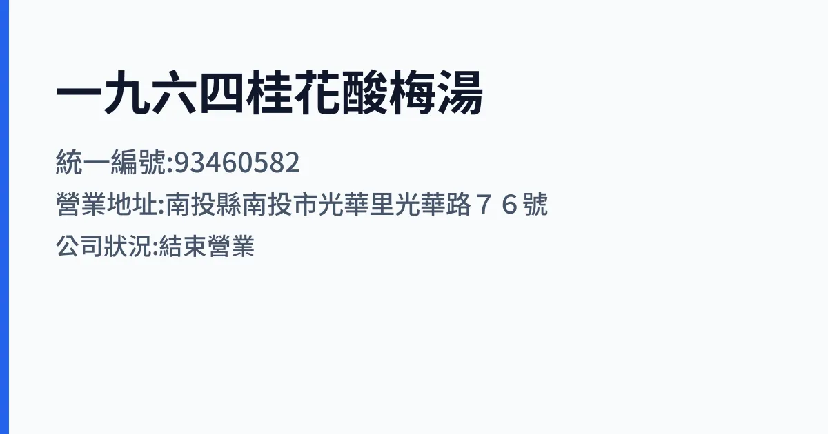 一九六四桂花酸梅湯 - 統編 93460582(南投縣) 公司登記資料與營業項目詳細圖表