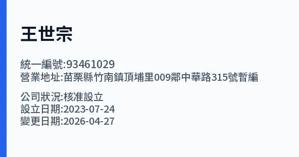 王世宗的照片-統編 93461029(苗栗縣) 公司登記資料與營業項目詳細圖表